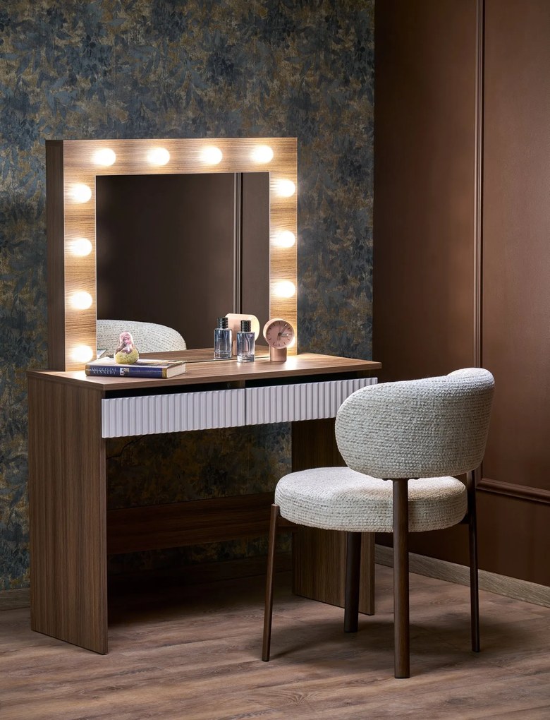 Toaletní stolek HOLLYWOOD s LED osvětlením 94 cm kašmírový/ořech