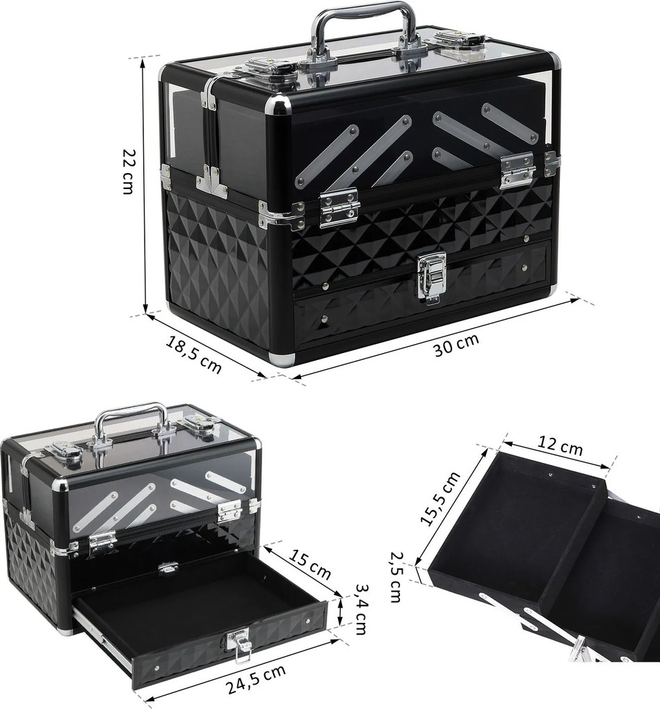 HOMCOM Organizér na make-up a šperky, přenosný, víceúrovňový s rukojetí a skládacími přihrádkami, hliníková slitina, 30x18,5x22 cm, průhledný a černý