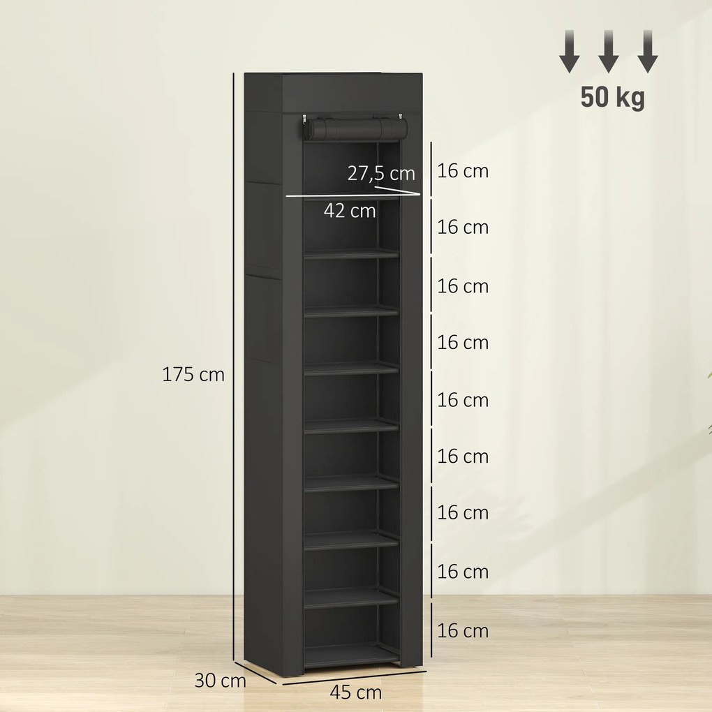 HOMCOM 10patrový úzký kovový botník s ochranným krytem proti prachu – pro 20 párů, 45 × 30 × 175 cm, černý