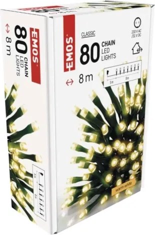 Vánoční osvětlení EMOS D4AW02 ZY1702T 80LED řetěz 8m teplá bílá s časovačem