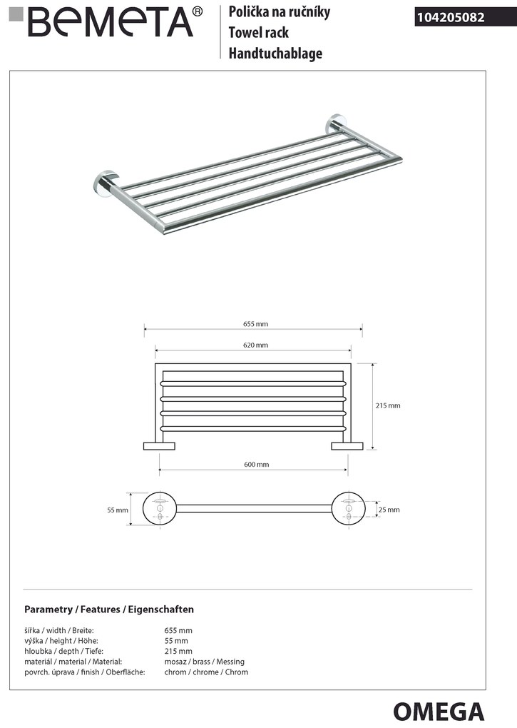 Bemeta Design OMEGA: Držák ručníků, 600 mm - 104205082