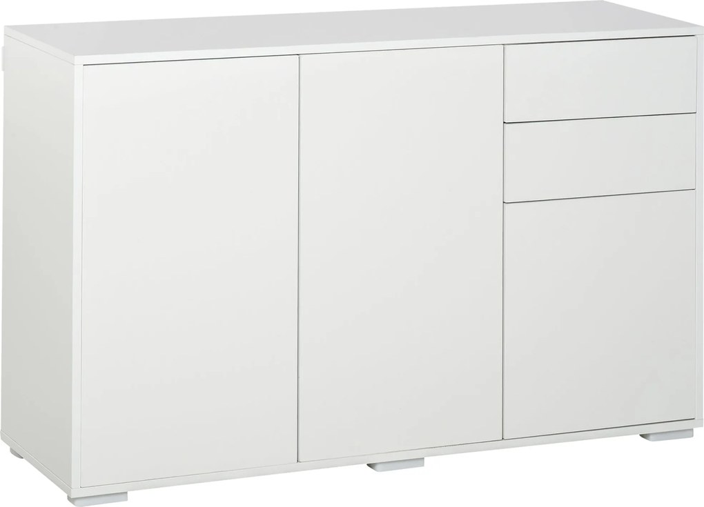 HOMCOM Úložný Buffet Skříň s 2 Posuvnými Šuplíky, 3 Dveřmi a Nastavitelnou Policí, Panely z Dřevotřísky 117 x 36 x 74 cm Bílá | Aosom