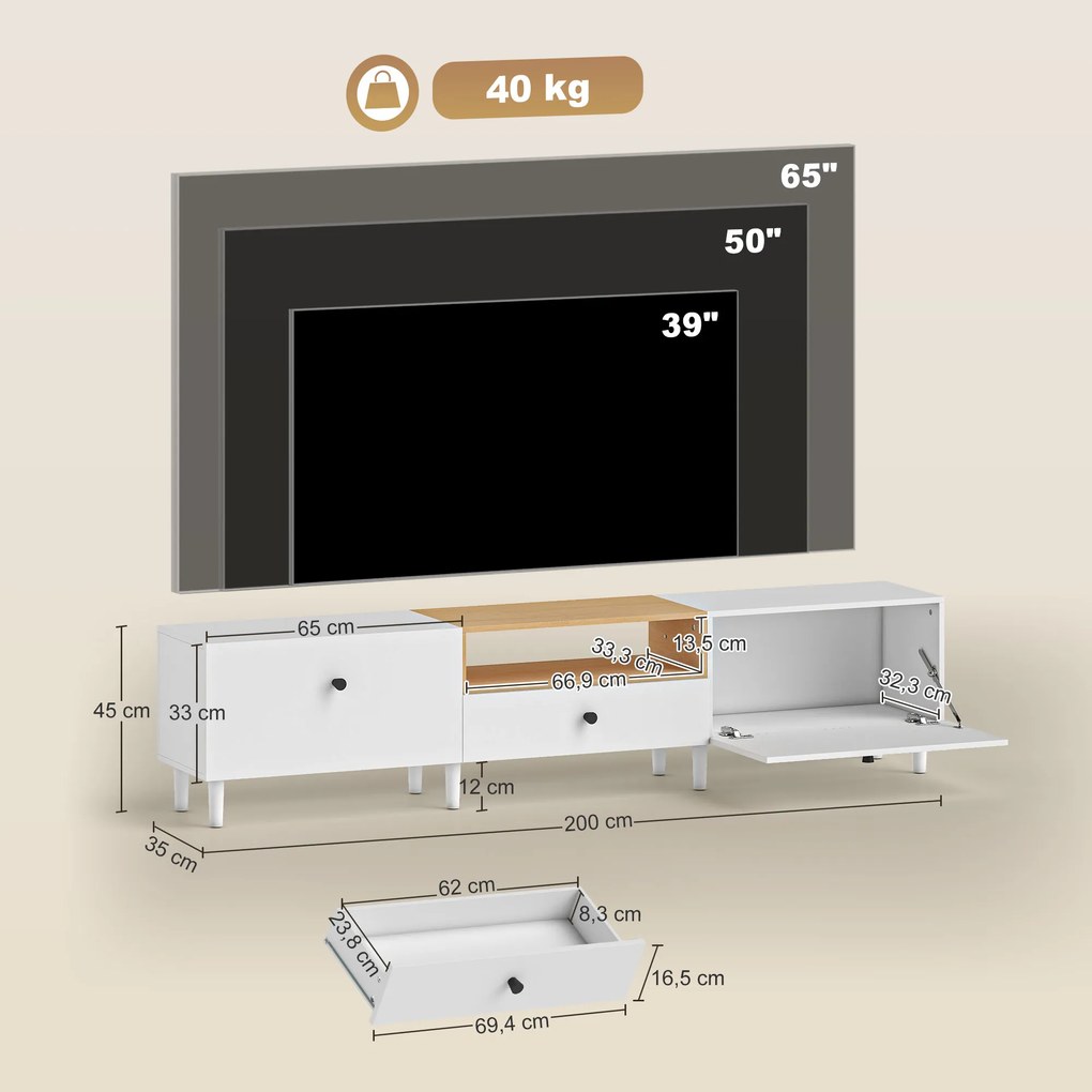 HOMCOM televizní nábytek, TV stolek pro televize až do 228,6 cm s 2 výklopnými dvířky, zásuvkou, 200 x 35 x 45 cm, bílý