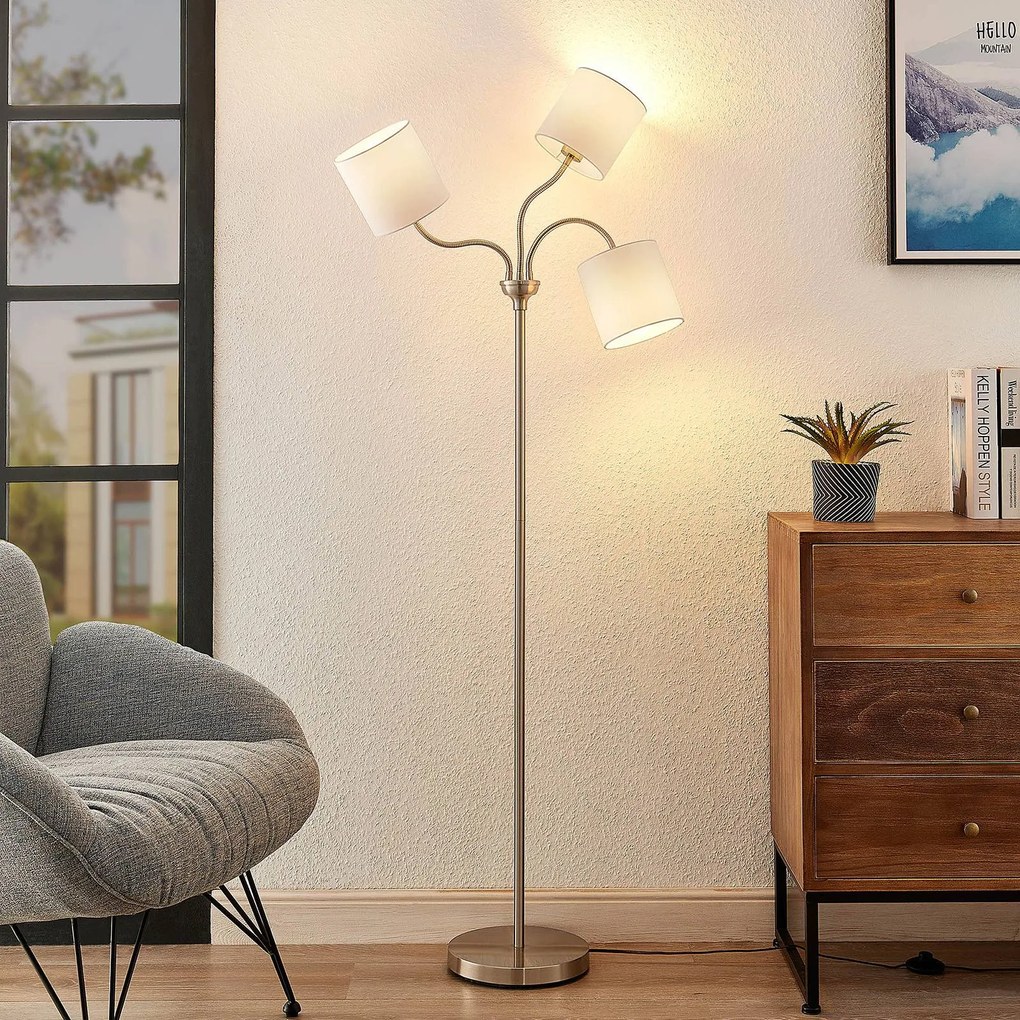 Lindby Manu stojací lampa, textil, třížár., bílá