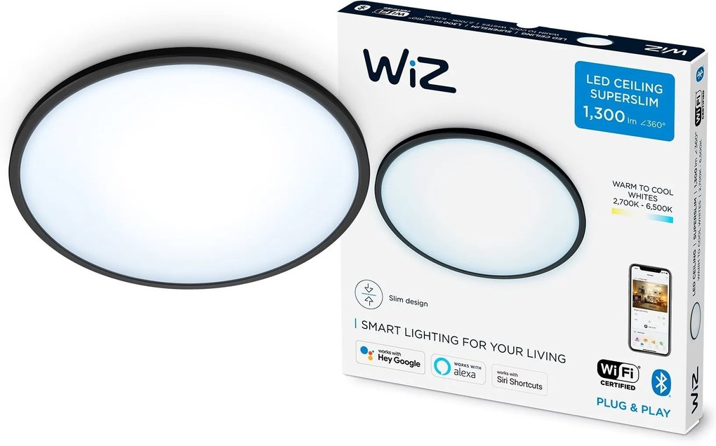 Wiz tunable white 8719514337992 led stropní svítidlo superslim 1x14w | 1400lm | 2700-6500k - stmívatelné, černá