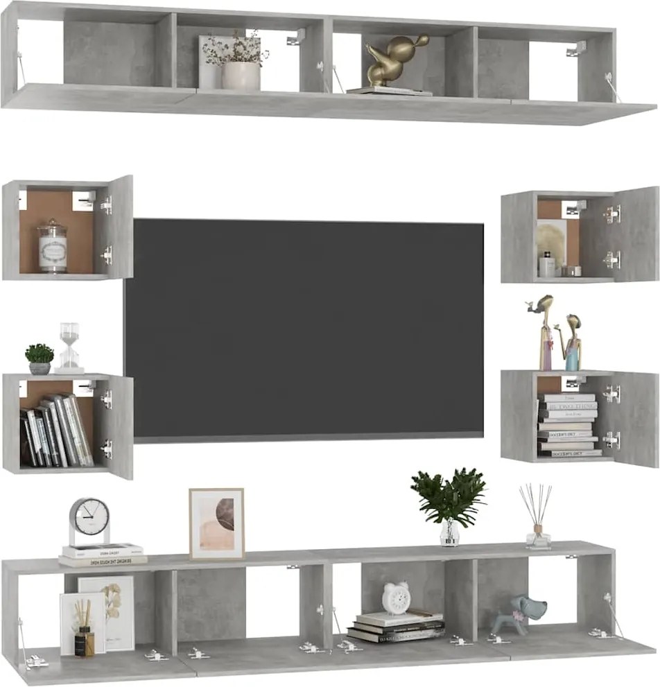 8dílný set TV skříněk betonově šedý dřevotříska 3079069