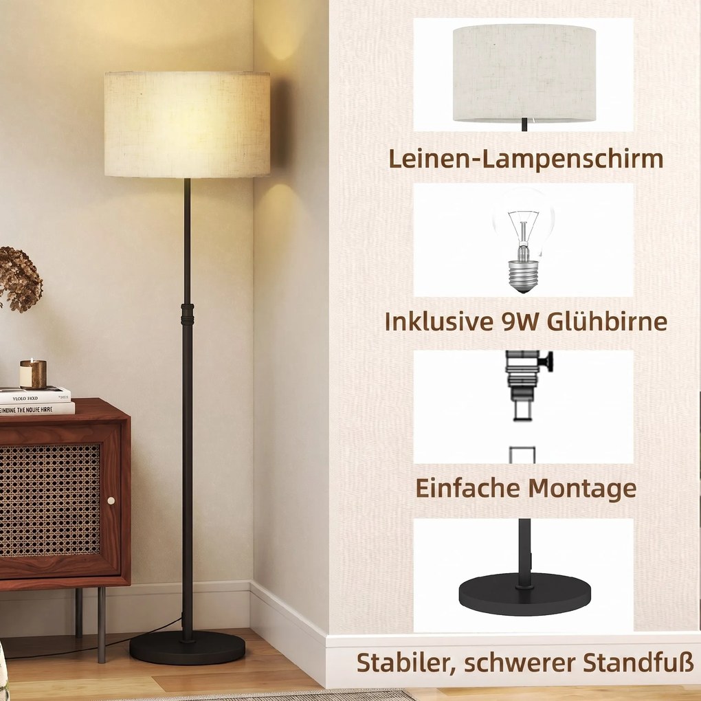 HOMCOM Stojací lampa s dálkovým ovládáním, výškově nastavitelná, látkové stínidlo, kovový stojan, nastavitelná jas, nožní spínač, černá