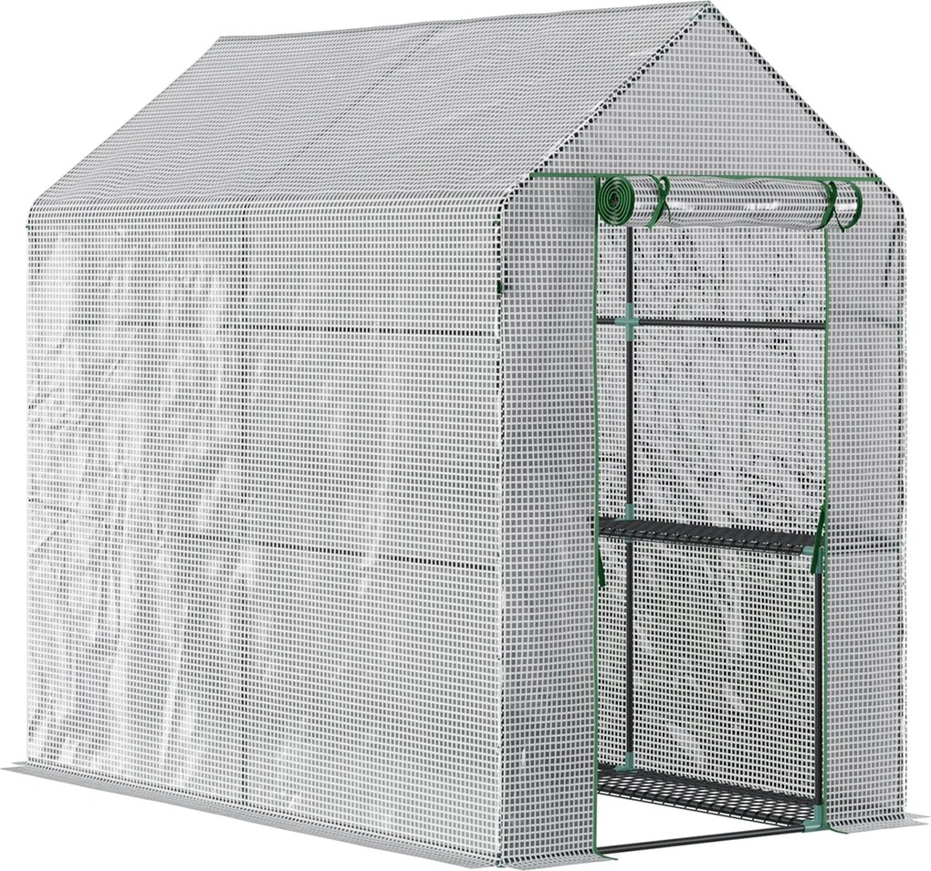 Zahradní skleník Outsunny s 4 policemi, rolovacími dveřmi, PE krytem 140 g/m² a ocelovým rámem pro plodiny, rostliny, květináče 120x186x190 cm Bílý |
