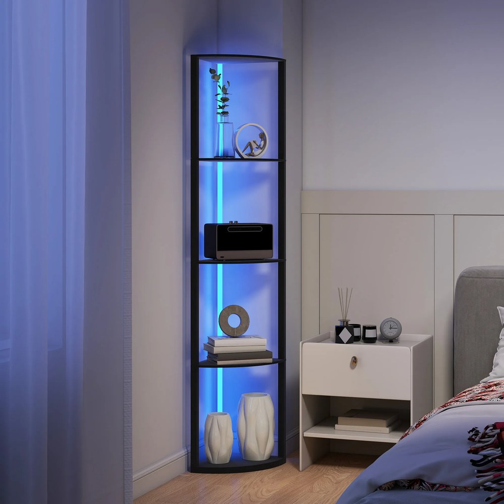 HOMCOM LED stojací lampa, 5stupňově stmívatelná lampa s policí, RGB měnění barev, dálkové ovládání B31-552V90BK