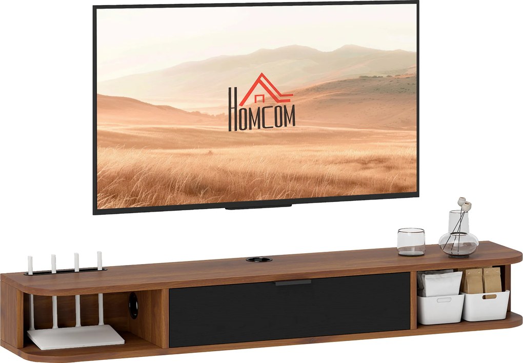 HOMCOM televizní stolek až do 127 cm, závěsný se sklápěcí zásuvkou, 2 otevřené police a průchod kabelu, 120x24x16 cm, ořech