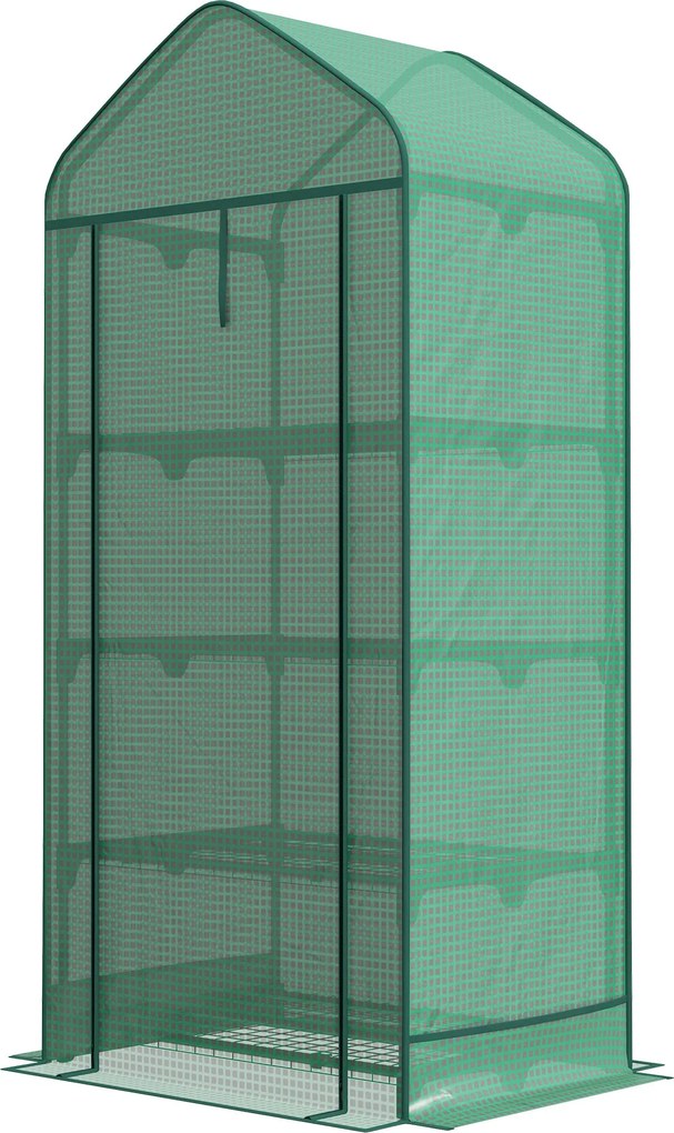 Outsunny skleník na rostliny s 4 policemi a roll-up dveřmi, malý kovový a PE skleník, 69x49x158 cm, tmavě zelený | Aosom