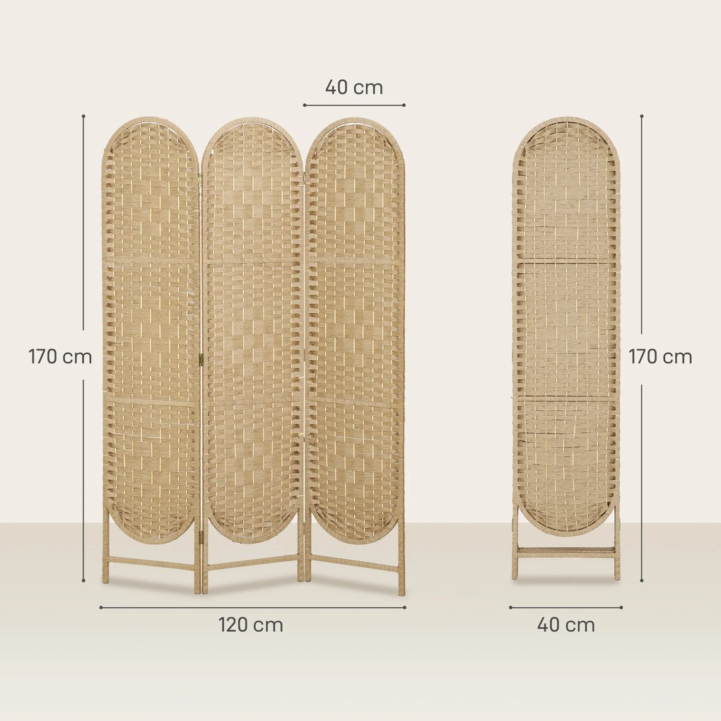 HOMCOM Paravan 3-dílný 120 x 170 cm Dělící stěna Skládací příčka se zaklenutou horní částí Přírodní