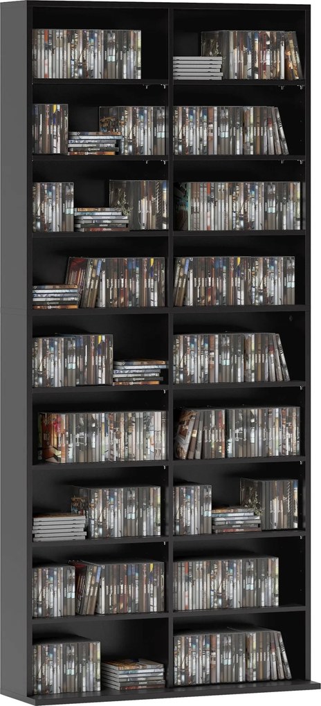 HOMCOM Moderní CD Kniha s 18 policemi pro 640 CD, Šatní skříň na CD z DTD, 78,5x24x175 cm, Černá | Aosom
