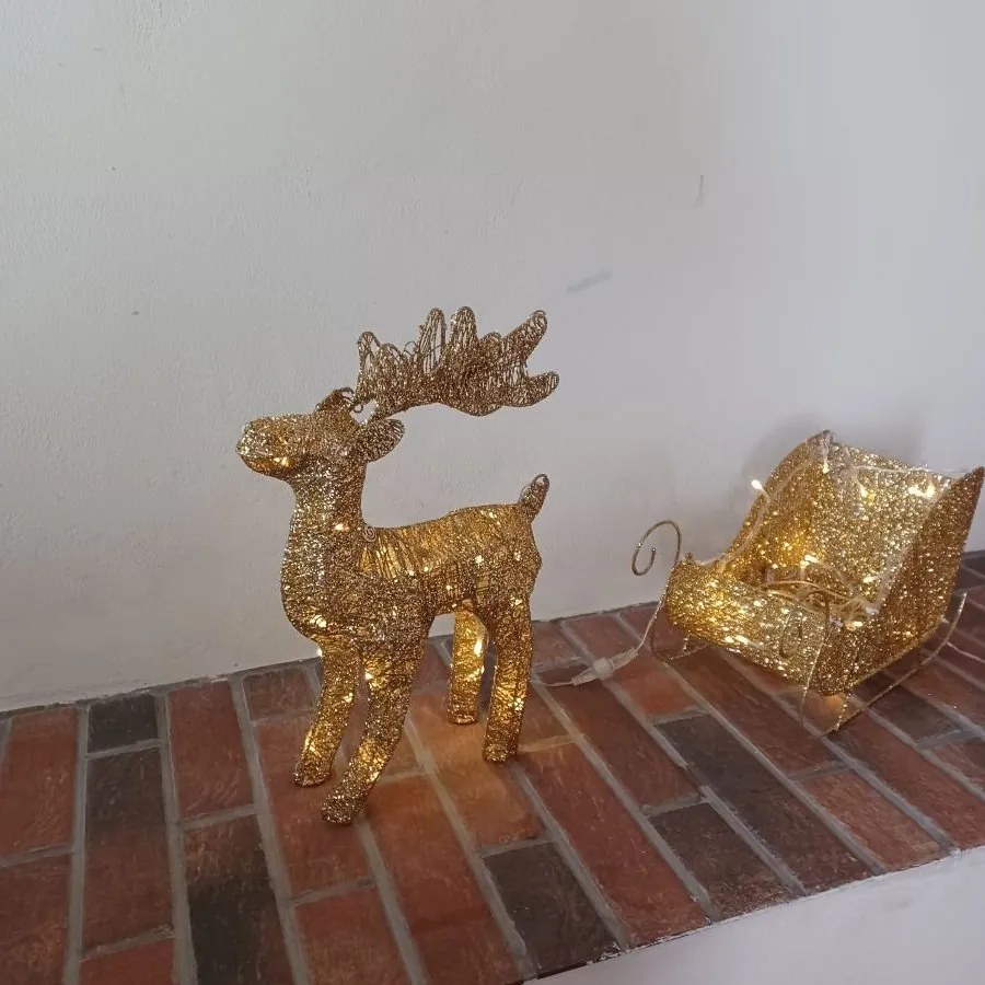 3D LED svítící jelen se sáněmi, 40 cm, teple bílá, hliník, vč. trafa