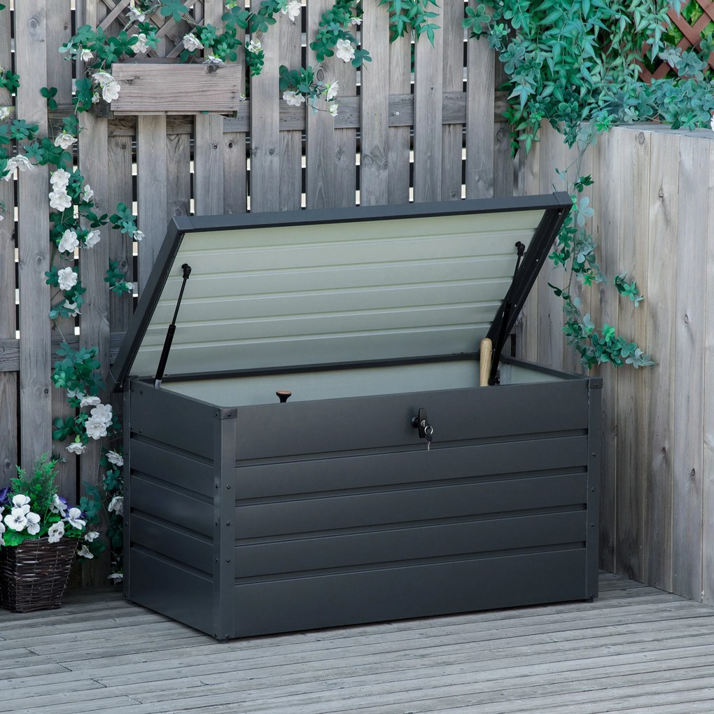 Outsunny Venkovní úložný box 311L Ocelový skladovací truhlík s klíčovým uzamčením a plynovými písty pro zahradu, terasu nebo patio 120x62x62 cm Tmavě…