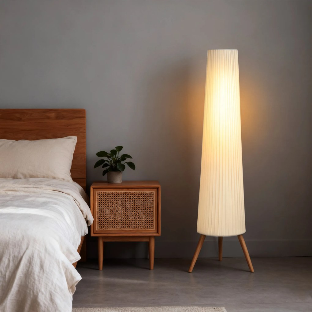 HOMCOM LED stojací lampa do obývacího pokoje stmívatelná dřevo s trojnožkou, stojací lampa s nožním spínačem, 46 x 153 cm, bílá