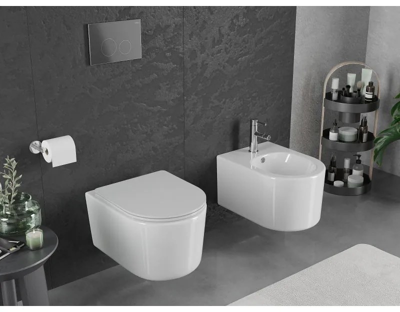 Mexen Sofia, závěsná WC mísa 490x360x355 mm, Rimless Tornádo + WC sedátko z duroplastu, bílá lesklá, 30540300T