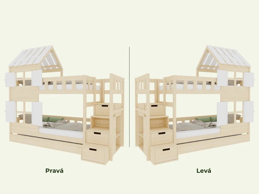 Benlemi Patrová postel CHALOUPKA s poloviční střechou a úložnými schody 90x200 cm Zvolte barvu: Nelakovaná, Zvolte šuplík: Přistýlka 90x190 cm, Zvolte stranu: Vpravo