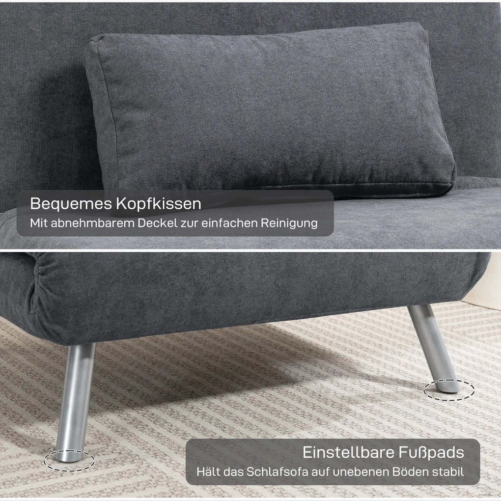 HOMCOM Čalouněné křeslo s funkcí postele, 3v1 design, sedací a spací křeslo, přistýlka pro hosty, látkový potah, s polštářem, tmavě šedá
