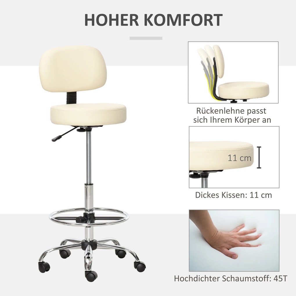 HOMCOM Otočná barová židle Pracovní stolička s výškově nastavitelným opěradlem a PU potahem Béžová 56x57x104-127cm do kuchyně a baru | Aosom.de
