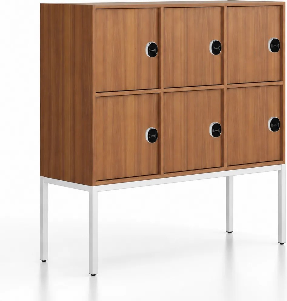 Kancelářská skříň FRAME, nízká, bílá podnož, 6x dveře, 1299 x 450 x 1331 mm, RFID zámek, ořech