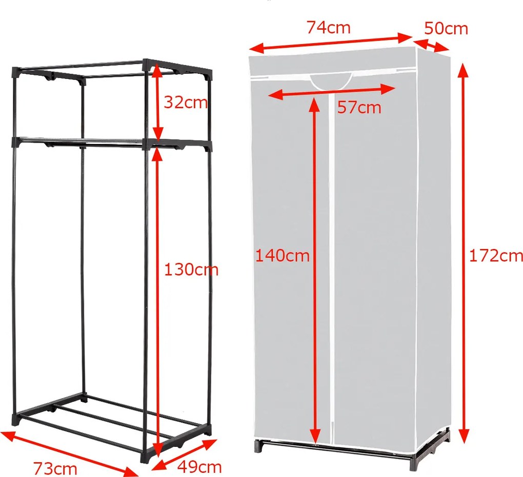 Costway Barevná šatní skříň látková s šatní tyčí – 75 × 50 × 170 cm, šedá