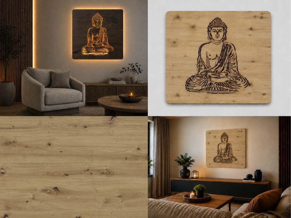 Li-Go "Buddha" světelný obraz s baterií a pohybovým čidlem 62x62 cm provedení povrchu: dub světlý