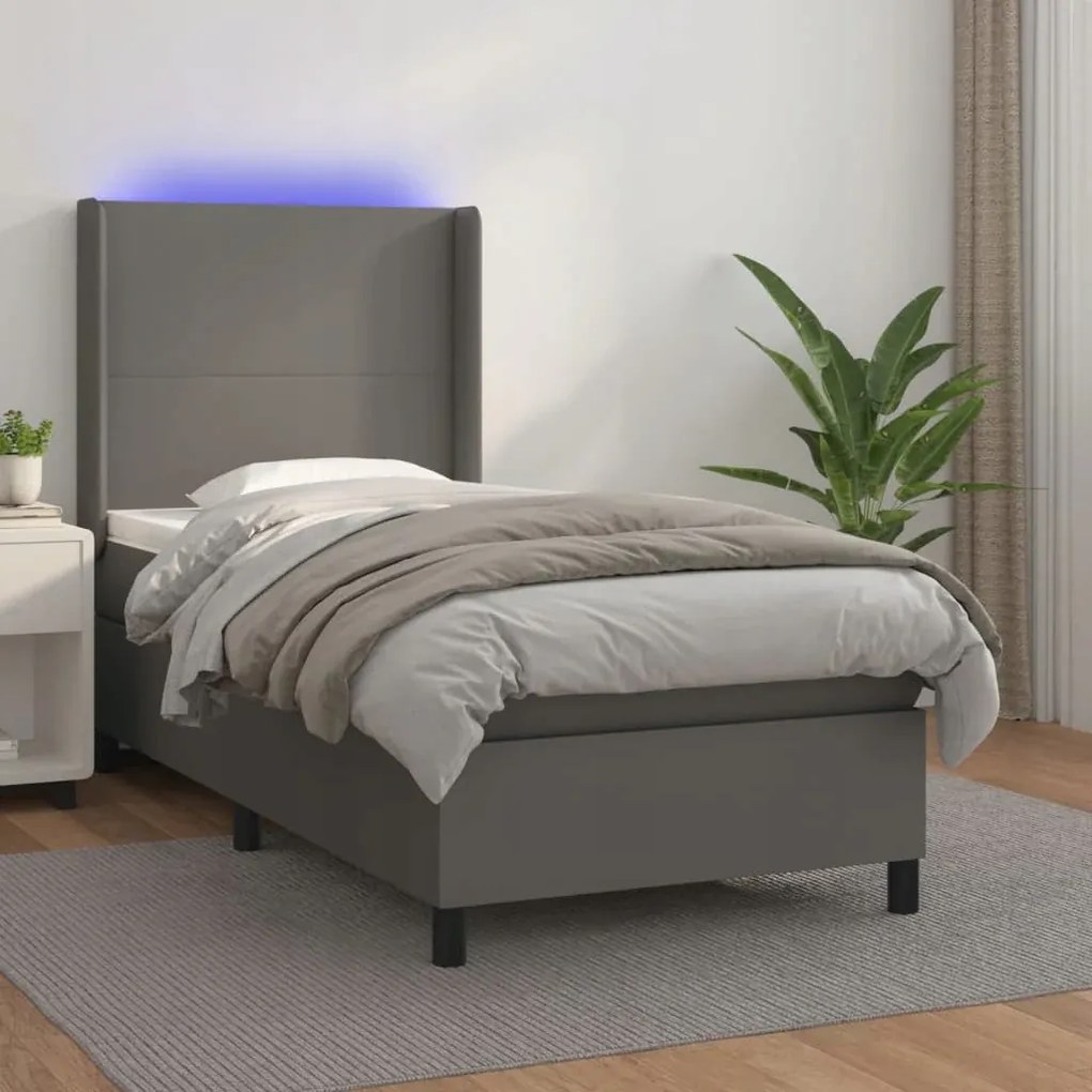 Box Spring Postel S Matrací A Led Šedá Umělá Kůže Šedá Hladký design 90 x