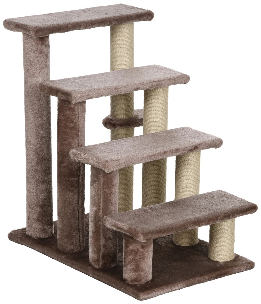 PawHut 4stupňové schody pro kočky se škrabadlem pro domácí mazlíčky do 5 kg, schody pro psy s míčkem na hraní, plyš, hnědá, 60 x 40 x 64 cm | Aosom.de