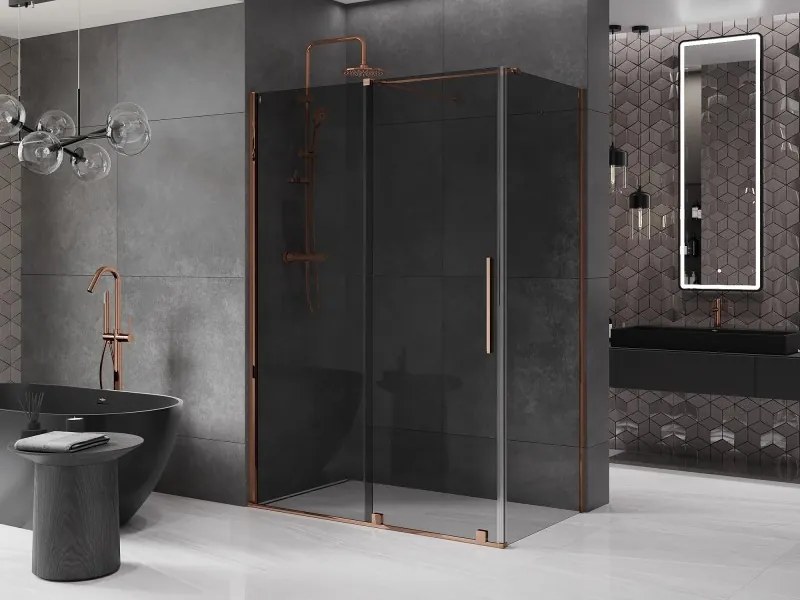 Mexen Velar, sprchový kout s posuvnými dveřmi 150 x 80 cm, 8mm šedé sklo, růžové zlato, 871-150-080-41-60