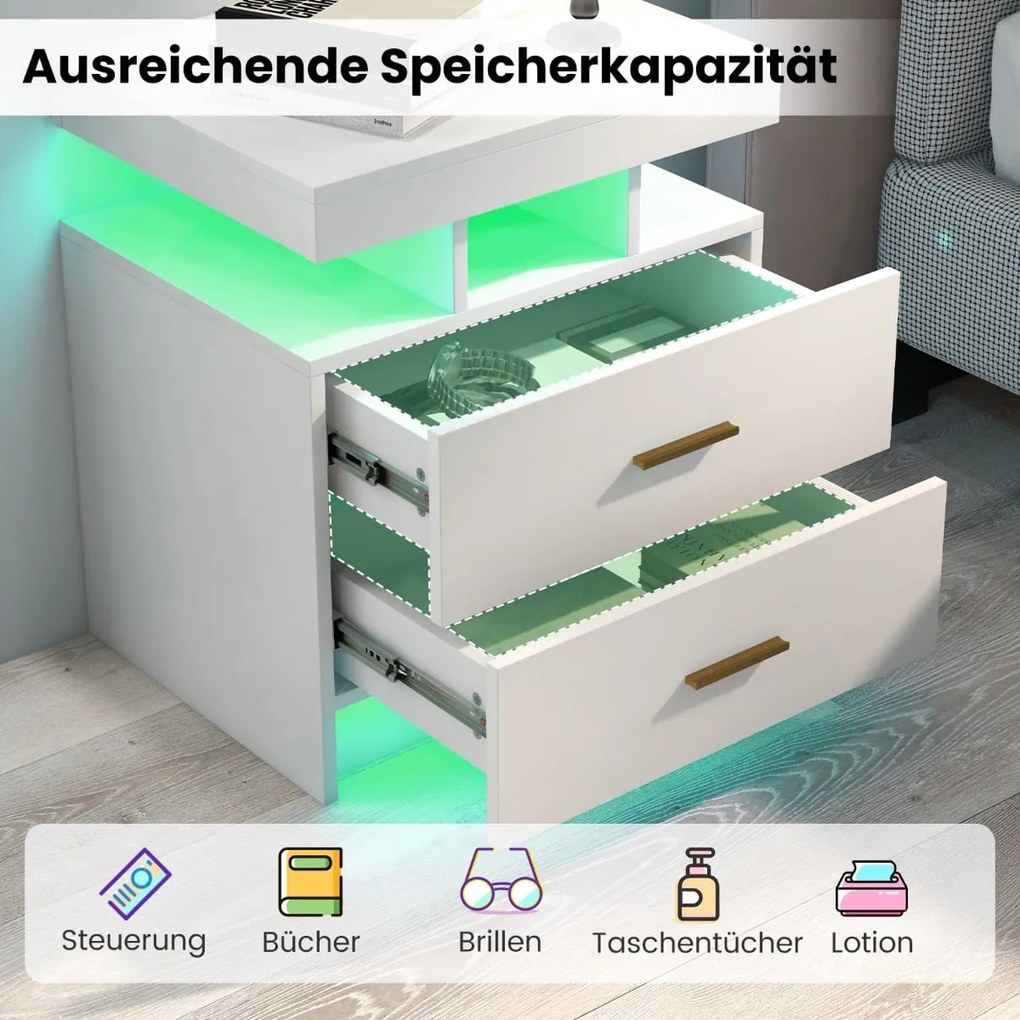 Costway Noční stolek s LED osvětlením s 2 zásuvkami – 50 × 40 × 58 cm, bílý