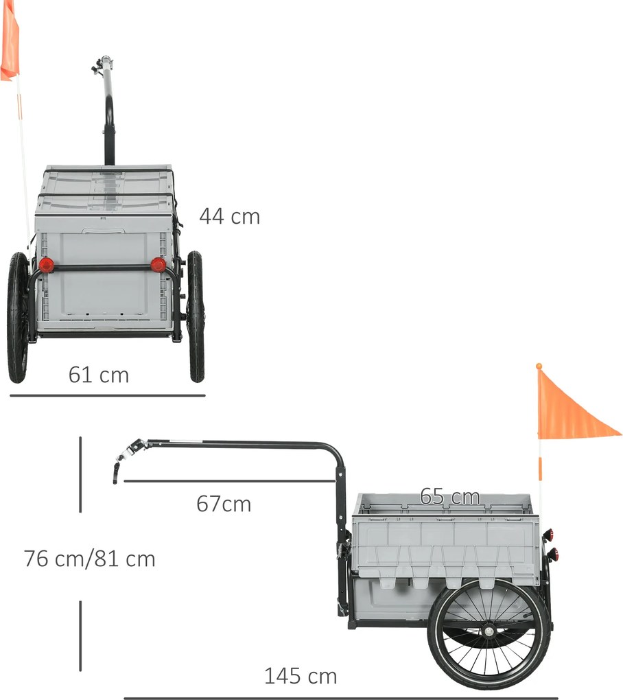 HOMCOM Cyklopřívěs s odnímatelným a skládacím úložným boxem 65L, bezpečnostními odrazkami a pneumatikami, maximální zatížení 40KG, šedý