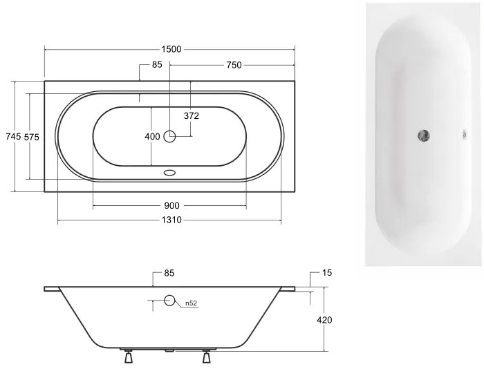 NIKIDO - B Akrylátová vana VITAE SLIM 150x75, 160x75, 170x75, 180x80 Velikost: 160x75
