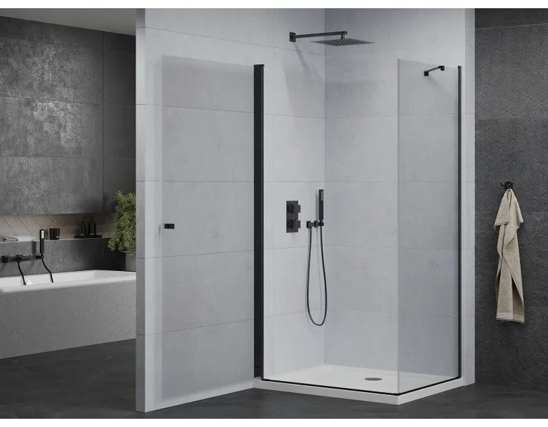 Mexen Pretoria, sprchový kout 90(dveře) x 80(stěna) x 190 cm, 6mm čiré sklo, černý profil + slim sprchová vanička 5cm, bílá, 852-090-080-70-00-4010B