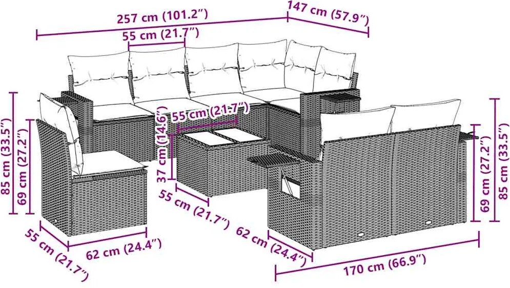 9dílná zahradní sedací souprava a podušky světle šedá polyratan 3252789