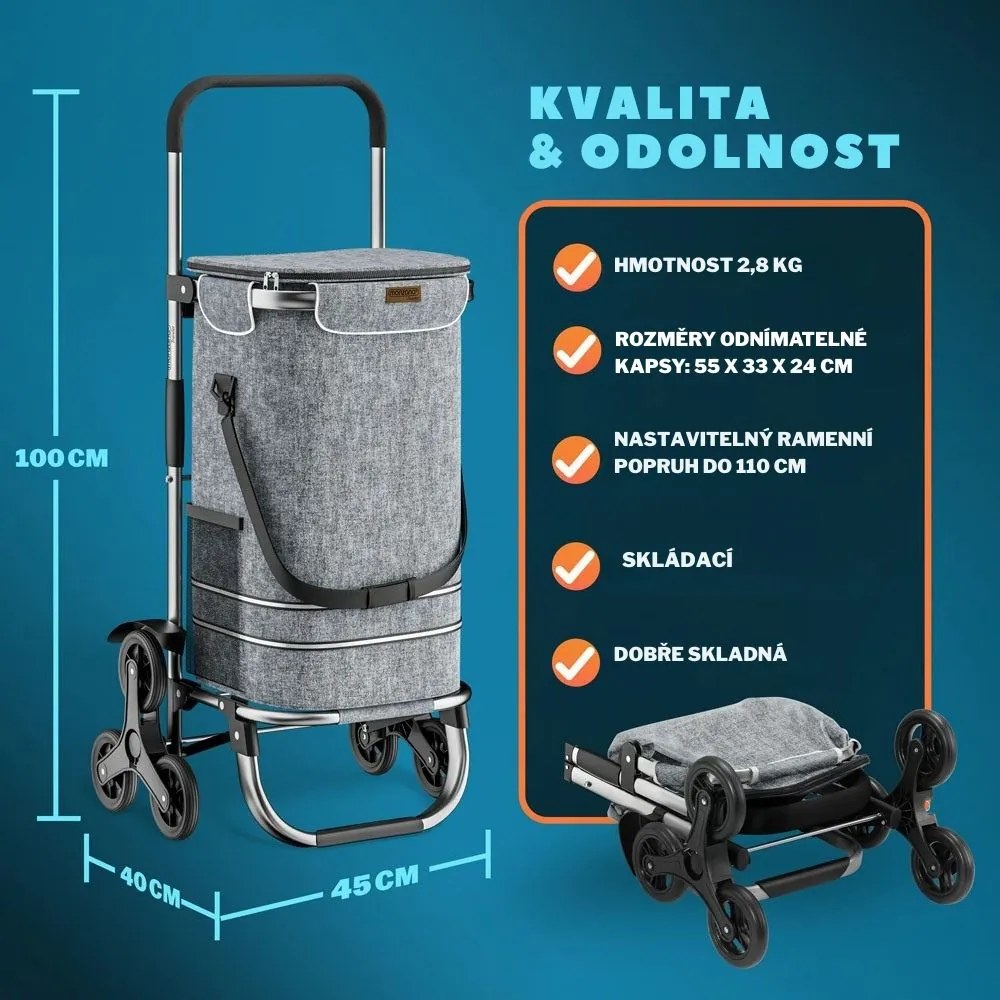 Nákupní taška na kolečkách do schodů COMFORT,50l, šedá Jurhan