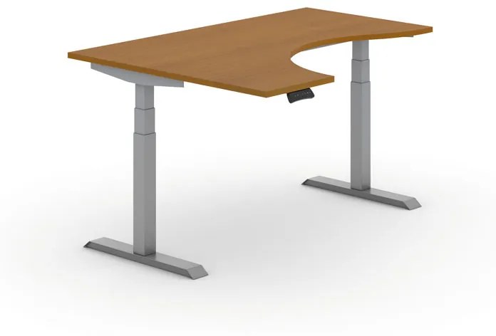 Výškově nastavitelný stůl PRIMO ADAPT, elektrický, 1600x1200x625-1275 mm, ergonomický levý, třešeň, šedá podnož