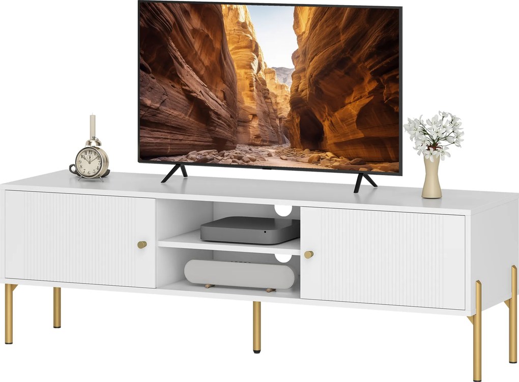 HOMCOM Moderní TV stolek – 2 dveře, 2 otevřené přihrádky, průchod pro kabely, pro TV až 65 palců, 140 x 38 x 45,9 cm, bílá