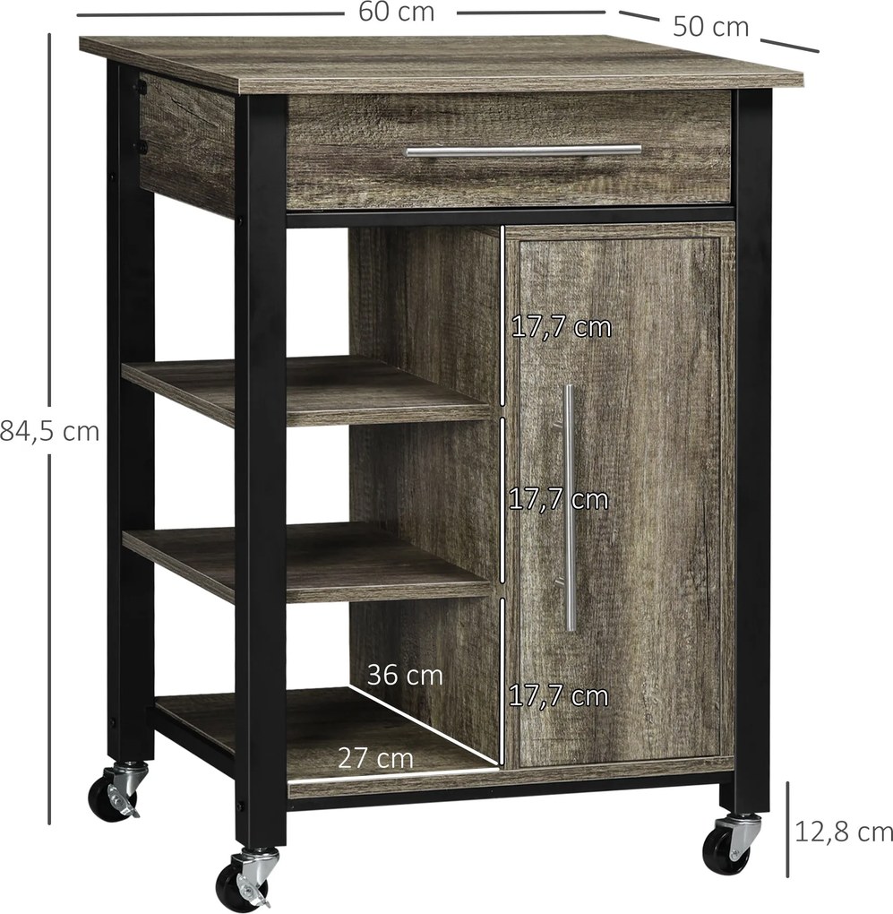 HOMCOM Kuchyňský vozík s šuplíkem a kolečky - 60 x 50 x 84,5 cm - Černý s dubovým efektem | Aosom
