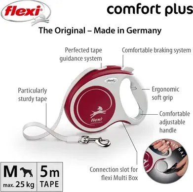 FLEXI Vodítko Comfort Plus M červené / Pásek 5 m / Samonavíjecí / Pro