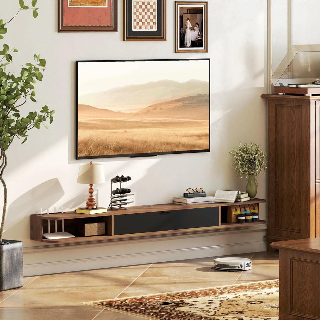 HOMCOM Závěsný TV nábytek, televizní stolek pro televize až do 190,5 cm, výklopná zásuvka, 2 police, 180x24x16 cm, ořech