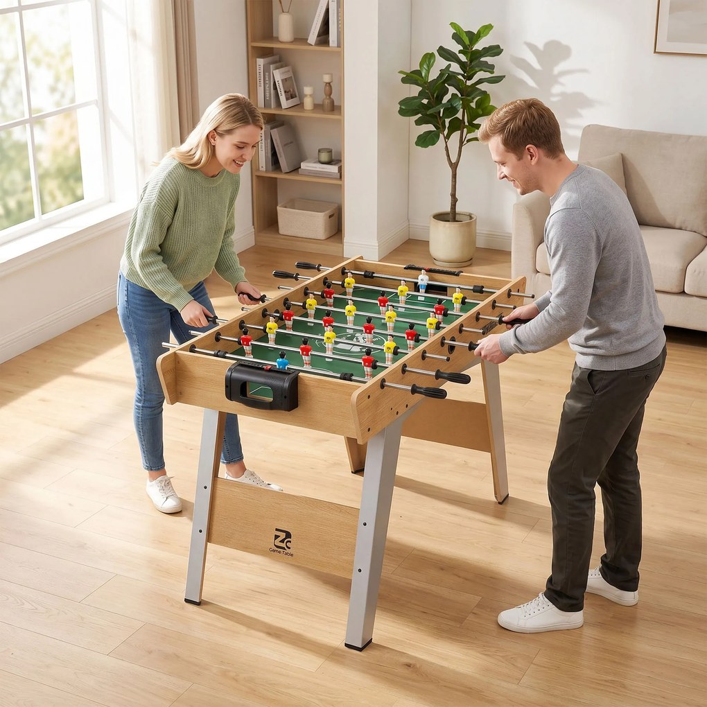 SPORTNOW stolní fotbal s 22 hráči, 2 míčky, protiskluzové rukojeti, počítadla skóre a šikmé nohy — rodinný herní stůl 121 x 87 x 77 cm, přírodní dekor