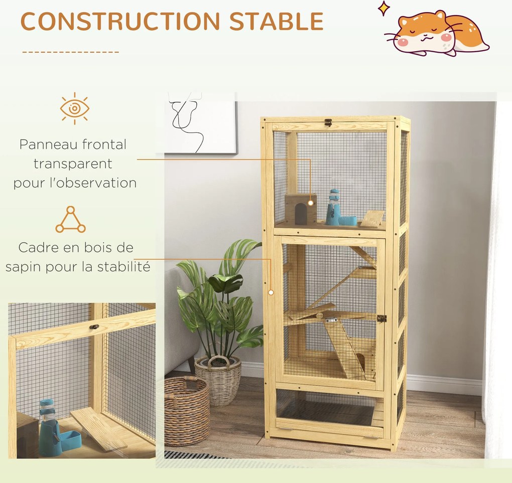 Klec pro křečka nebo myš PawHut, dřevěná pro malá zvířata, 5 úrovní s žebříkem, domeček, houpačka, odnímatelný tác, dávkovač vody, 54 x 38 x 131 cm, …