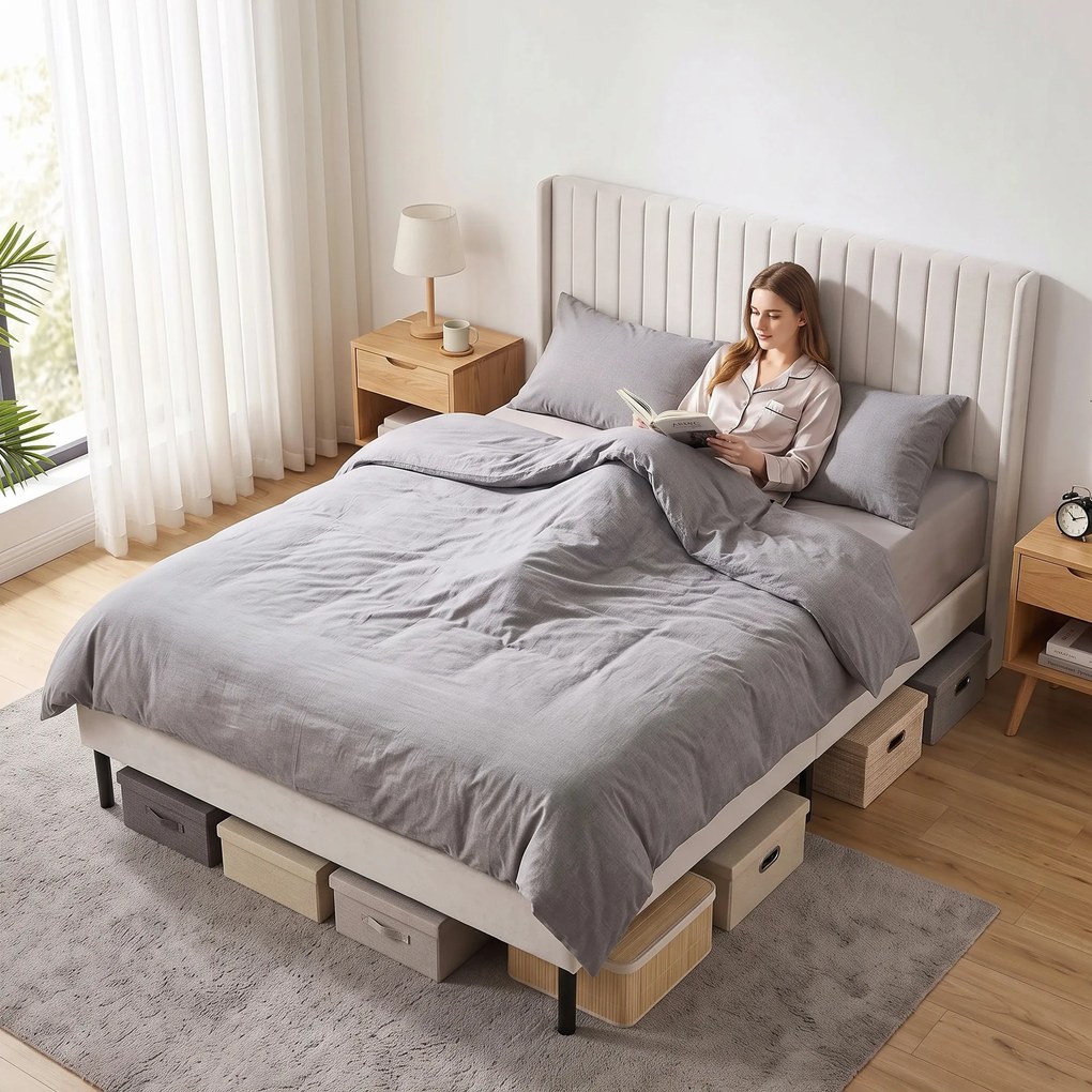 HOMCOM Postelový rám 140 x 200 cm s nastavitelným čelem, čalouněná postel se 12 laťkami, béžová