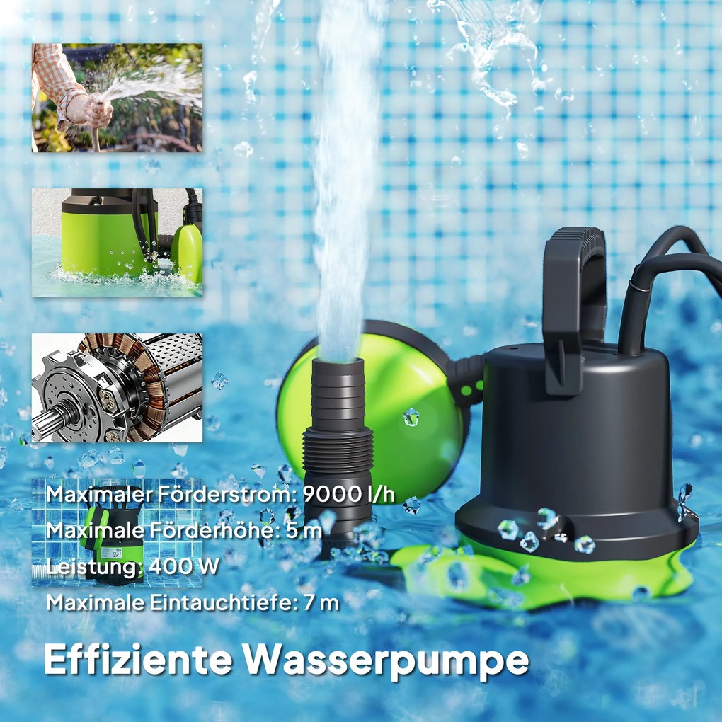 Outsunny Ponorné čerpadlo jezírkové čerpadlo vodní čerpadlo s plovákovým spínačem fontána 400W 9000L/h 16 x 14 x 27 cm zelená