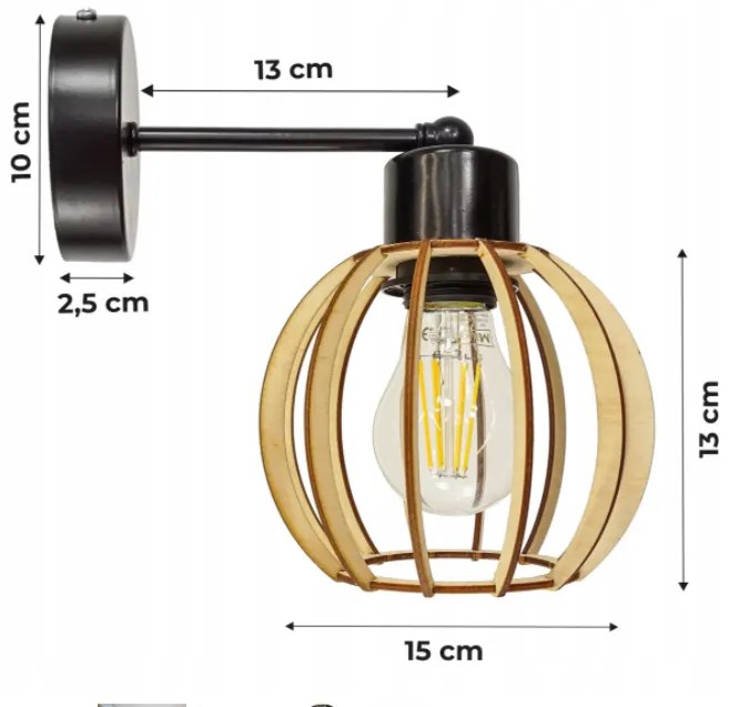 BERGE Nástěnná lampa - kinkiet - E27 - dřevěná koule malá - černá