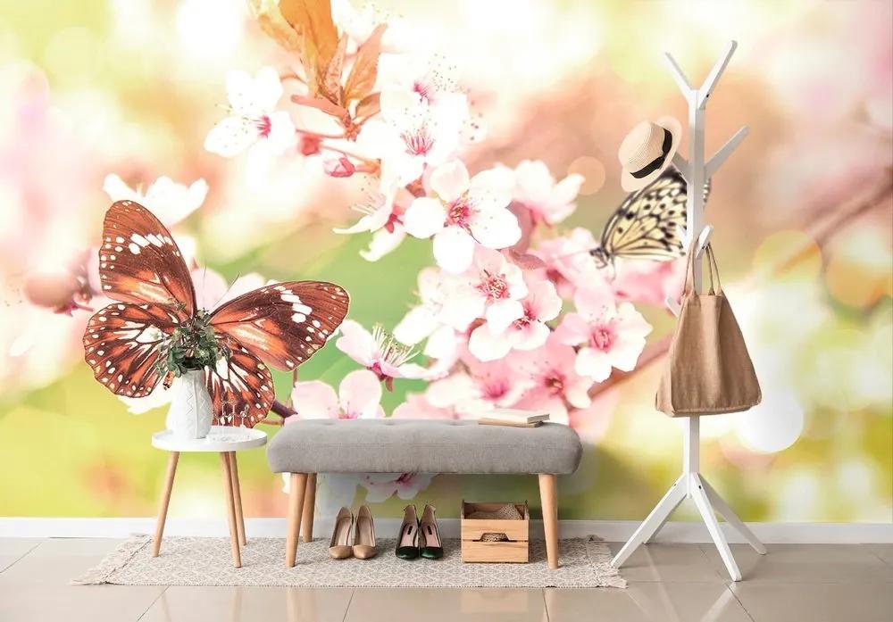 Samolepící tapeta jarní květiny s exotickými motýly - 225x150 cm
