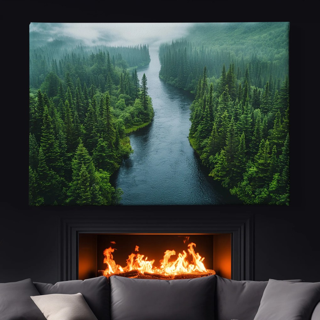 Obraz na plátně - Jehličnaté údolí s mlžnou řekou FeelHappy.cz Velikost obrazu: 120 x 80 cm