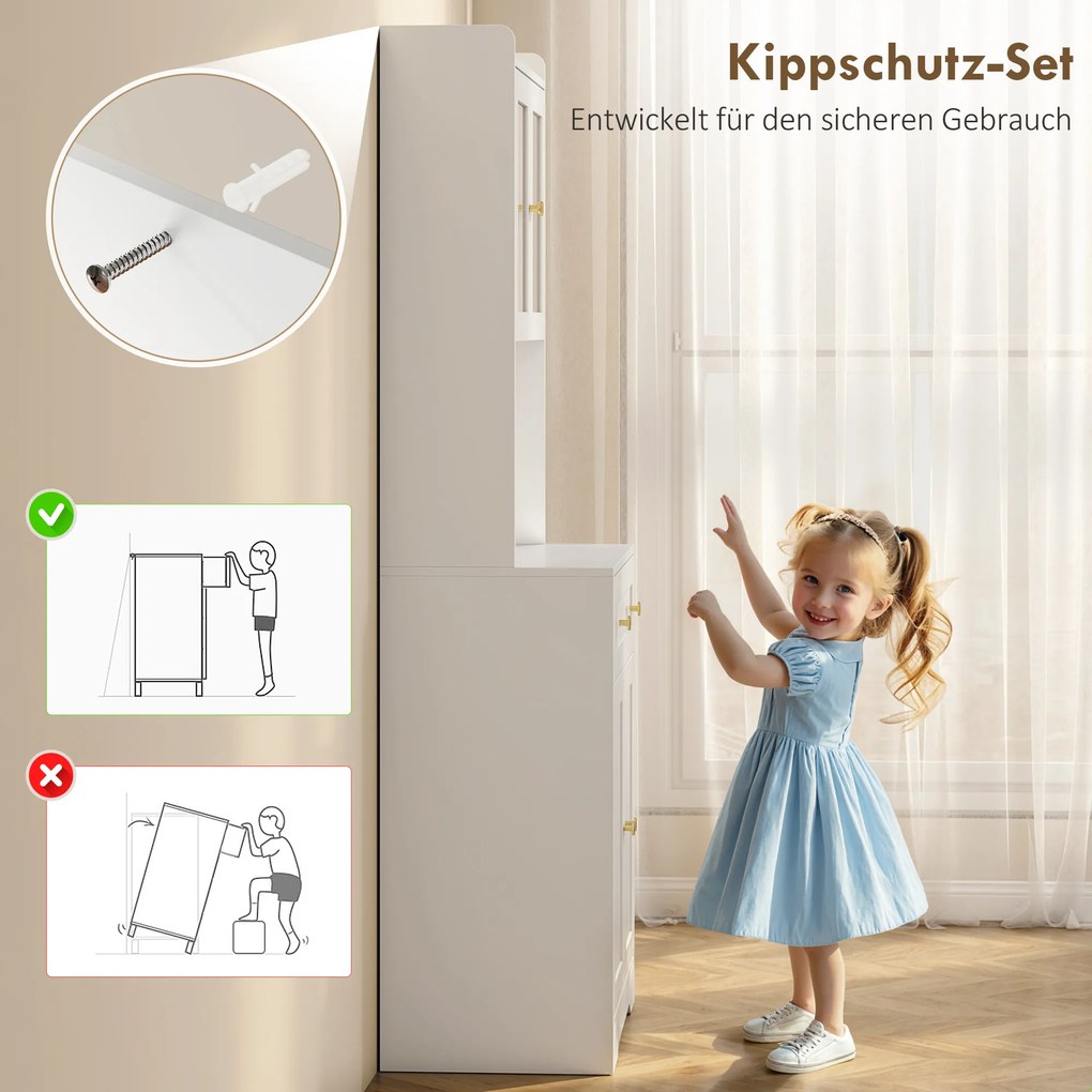 HOMCOM Kuchyňská skříň s pracovní deskou, držákem na vinné sklenice, skladovací skříň do kuchyně a jídelny, 170 cm, MDF, sklo, bílá
