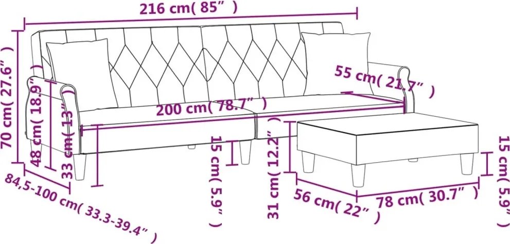 vidaXL 2místná rozkládací pohovka polštáře podnožka samet [3216221] Barva: světle šedá